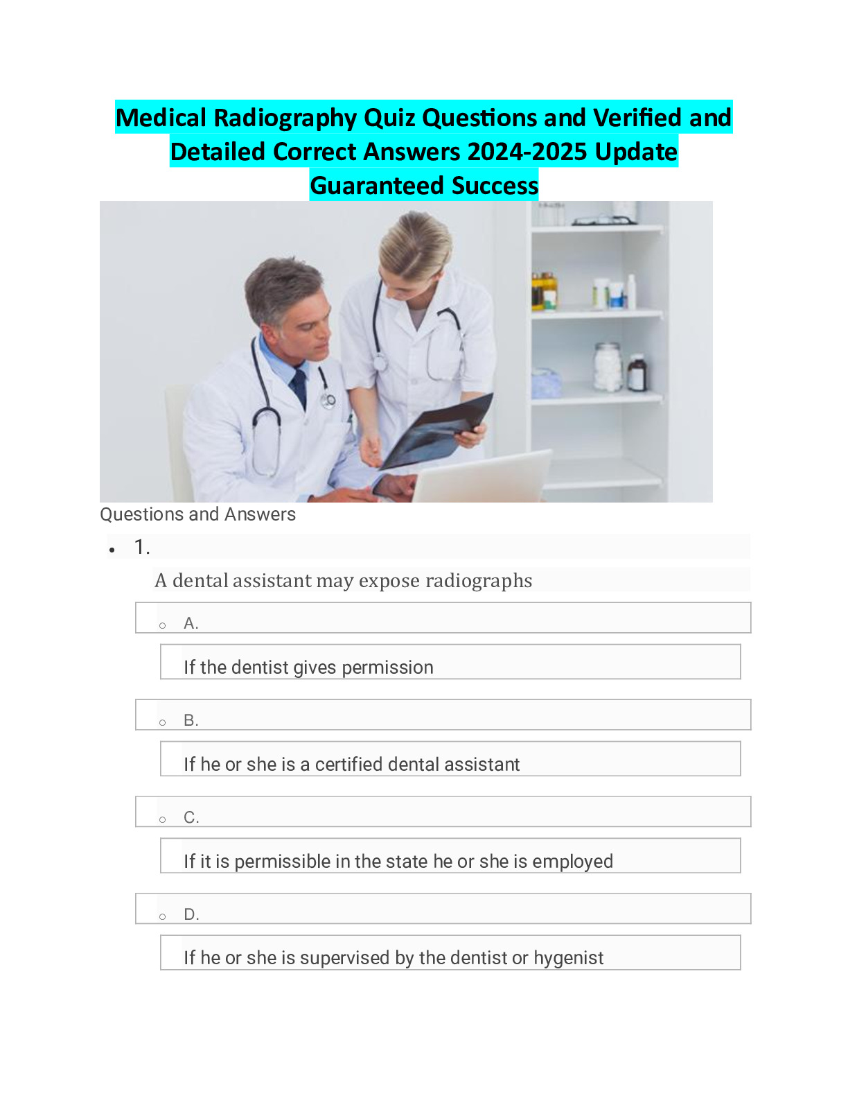 Medical Radiography Quiz Questions and Verified and Detailed Correct ...