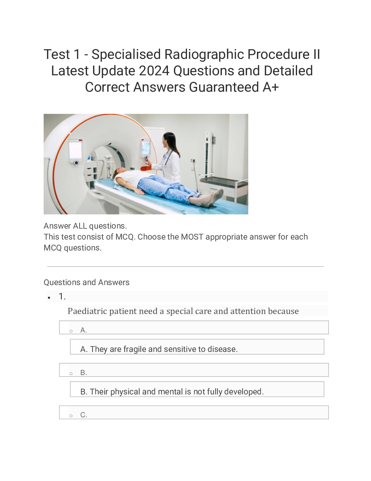 Test 1 - Specialised Radiographic Procedure II Latest Update 2024 ...