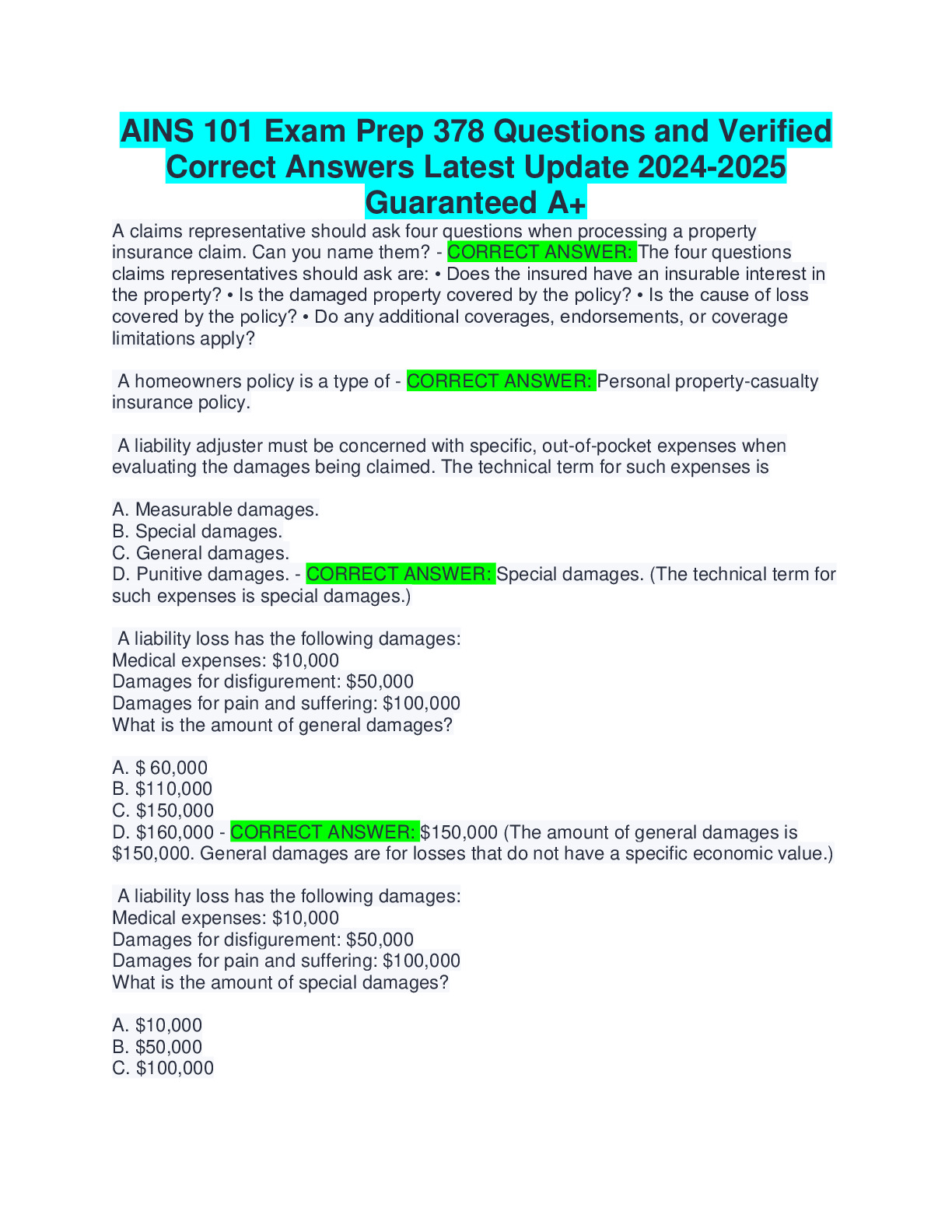 AINS 101 - COURSE QUIZ LATEST UPDATE 2024-2025, AINS 101 EXAM PREP 378 ...