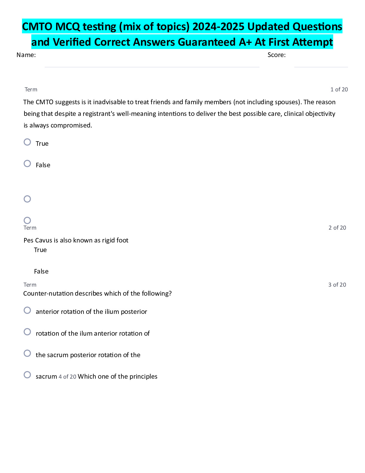 CMTO MCQ testing (mix of topics) 2024-2025 Updated Questions and ...