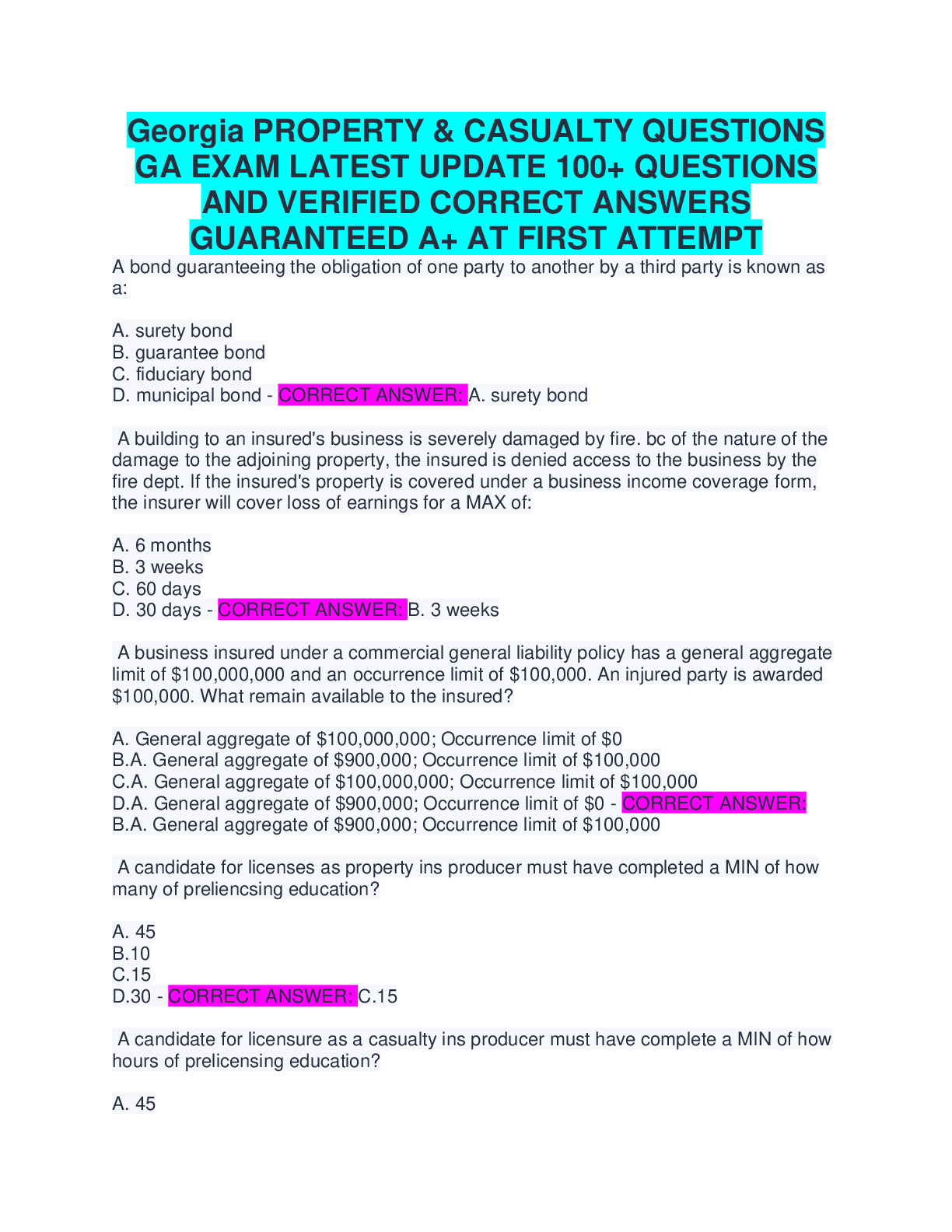 GEORGIA PROPERTY & CASUALTY QUESTIONS GA EXAMS - DocMerit