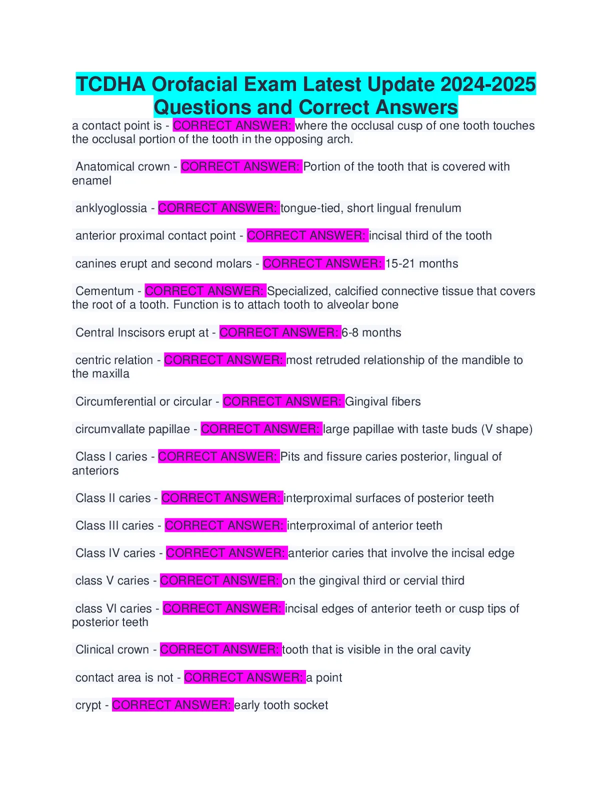 TCDHA Orofacial Exam Latest Update 2024-2025 Questions and Correct ...