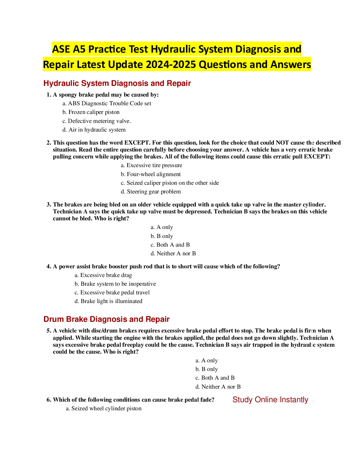 ASE A5 Practice Test Hydraulic System Diagnosis and Repair Latest ...