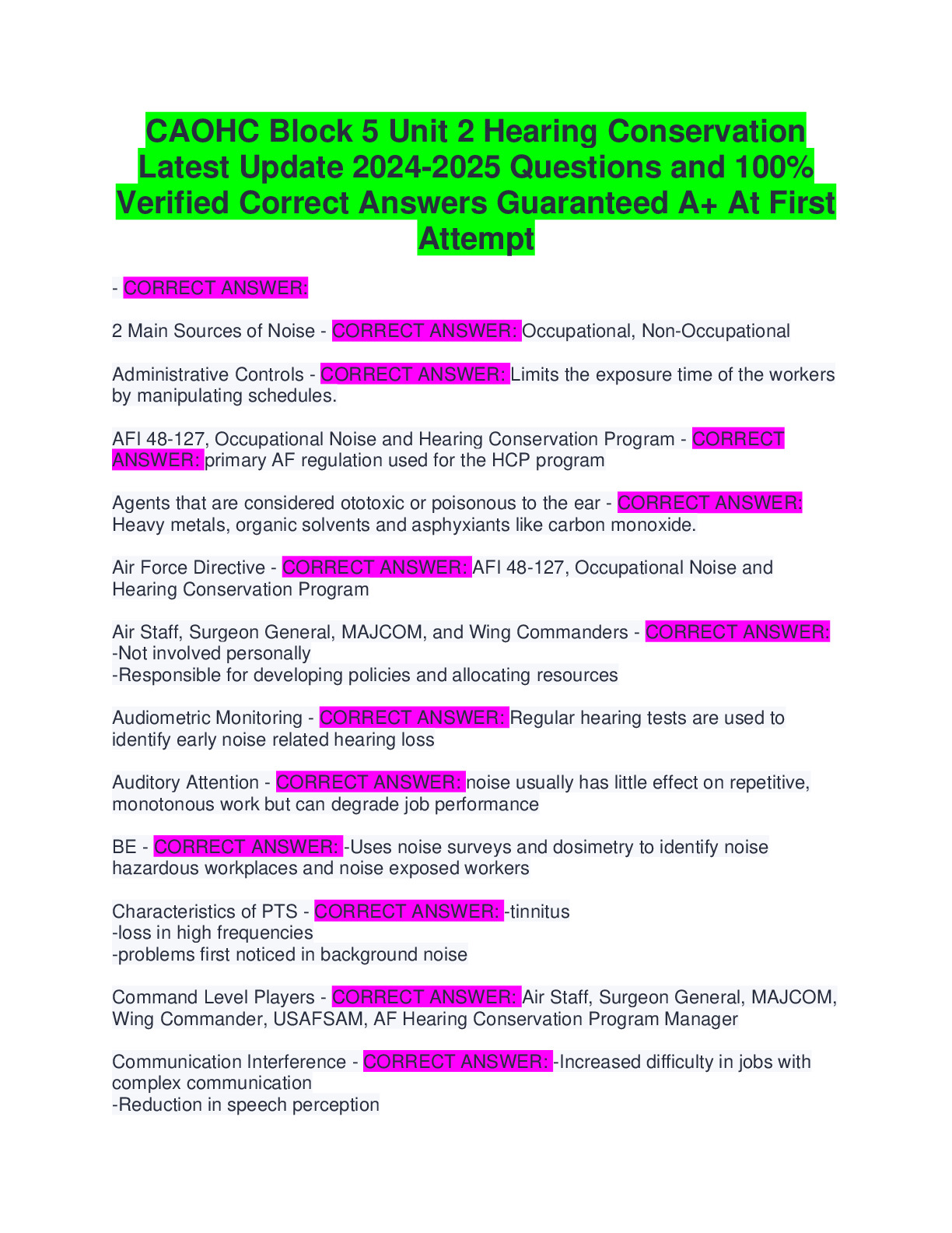 CAOHC Block 5 Test (updated as of 04-22-2024) Latest Update 2024-2025 ...