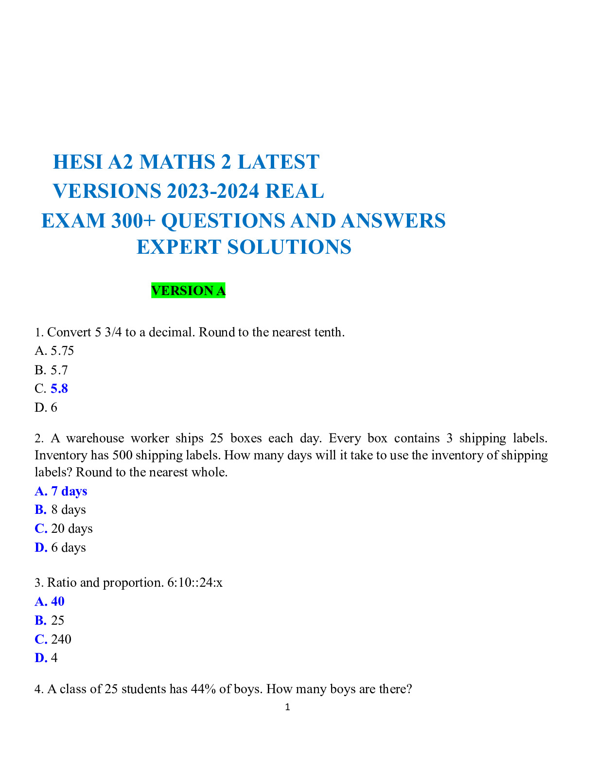 HESI A2 MATHS 2 LATEST VERSIONS 2023-2024 REAL EXAM 300+ QUESTIONS AND ...