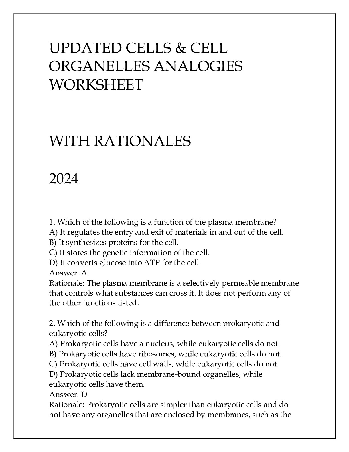 UPDATED CELLS & CELL ORGANELLES ANALOGIES WORKSHEET WITH RATIONALES ...