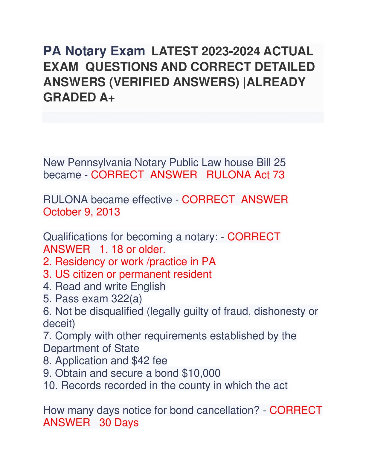 PA Notary Exam LATEST 2023-2024 ACTUAL EXAM QUESTIONS AND CORRECT ...