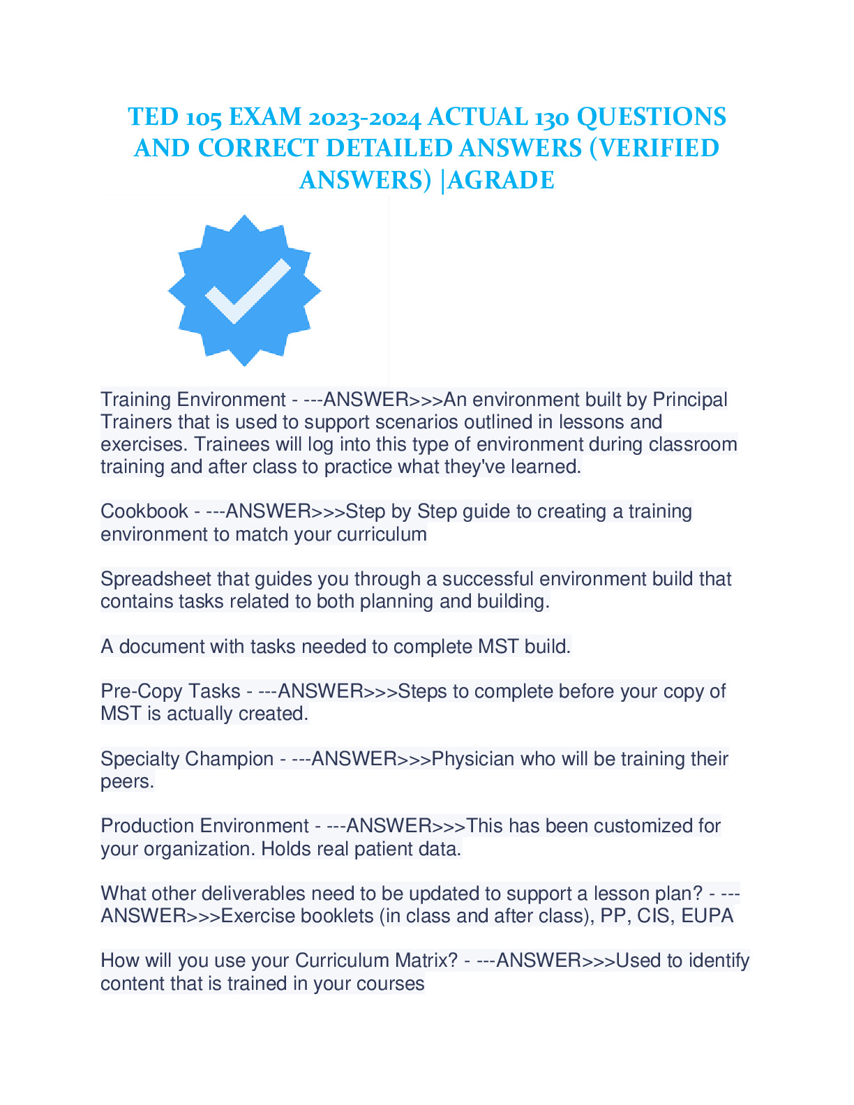 TED 105 EXAM 2023-2024 ACTUAL 130 QUESTIONS AND CORRECT DETAILED ...