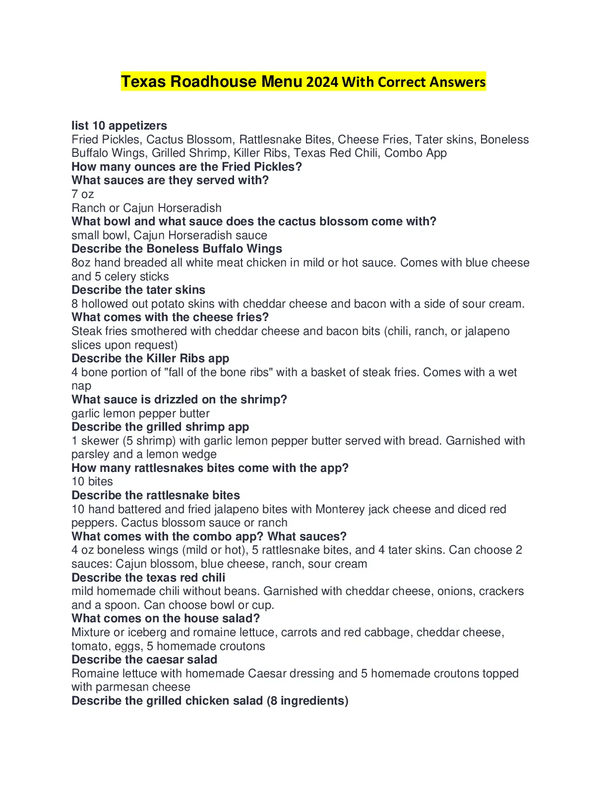 Texas Roadhouse Menu 2024 With Correct Answers - DocMerit