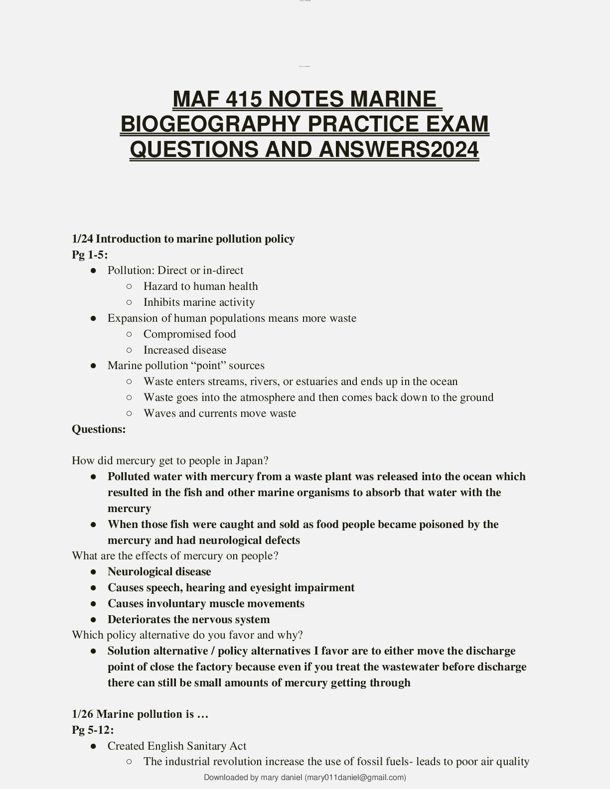 MAF 415 NOTES MARINE BIOGEOGRAPHY PRACTICE EXAM QUESTIONS AND ...