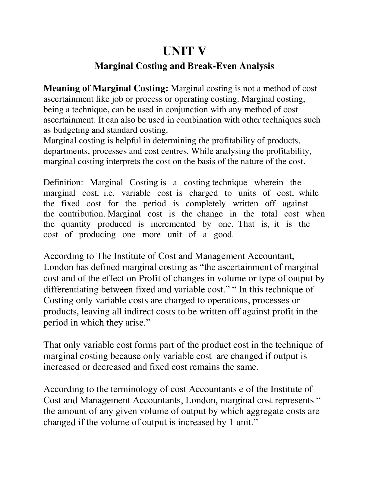 Marginal Costing And Break Even Analysis DocMerit