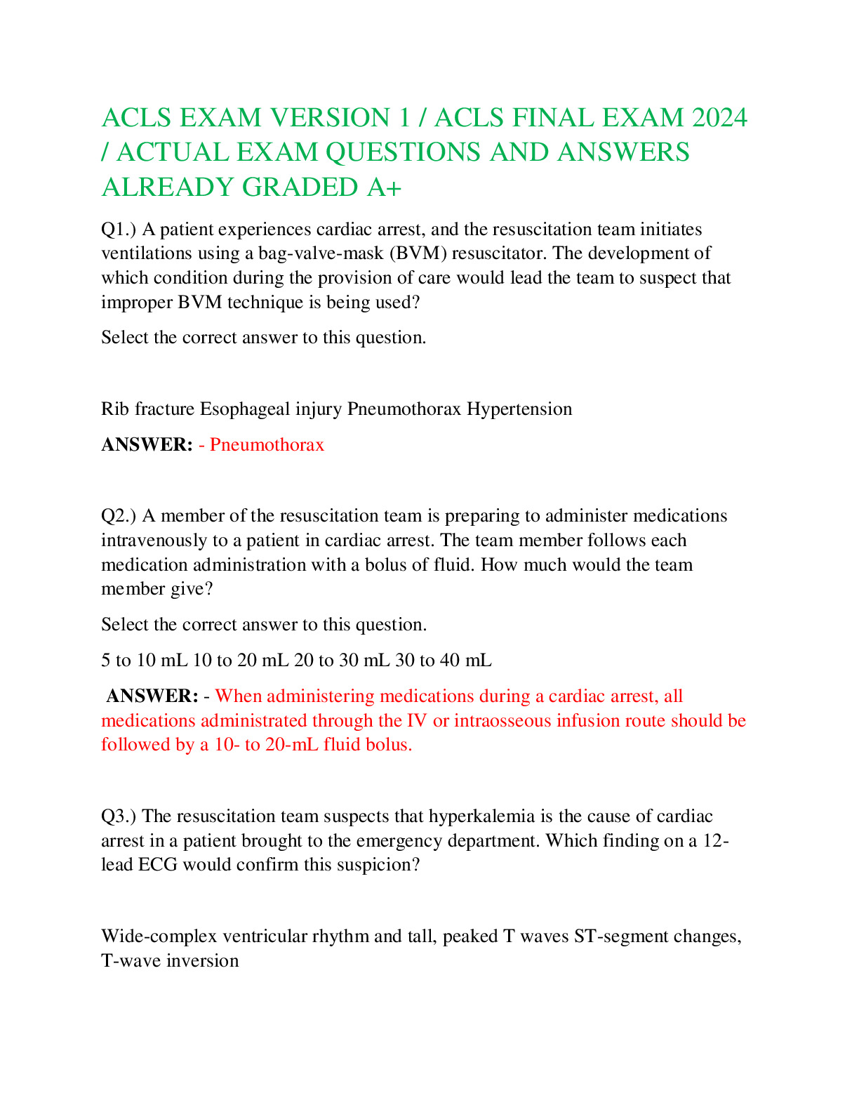ACLS EXAM VERSION 1 / ACLS FINAL EXAM 2024 / ACTUAL EXAM QUESTIONS AND ...