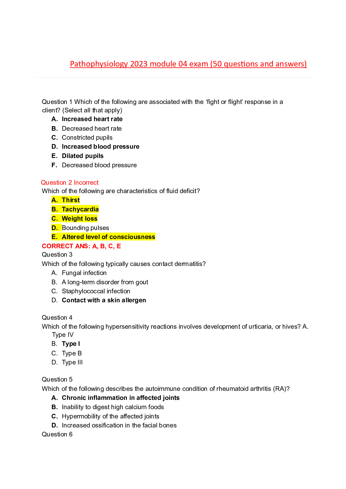 Pathophysiology 2023 module 04 exam (50 questions and answers) - DocMerit