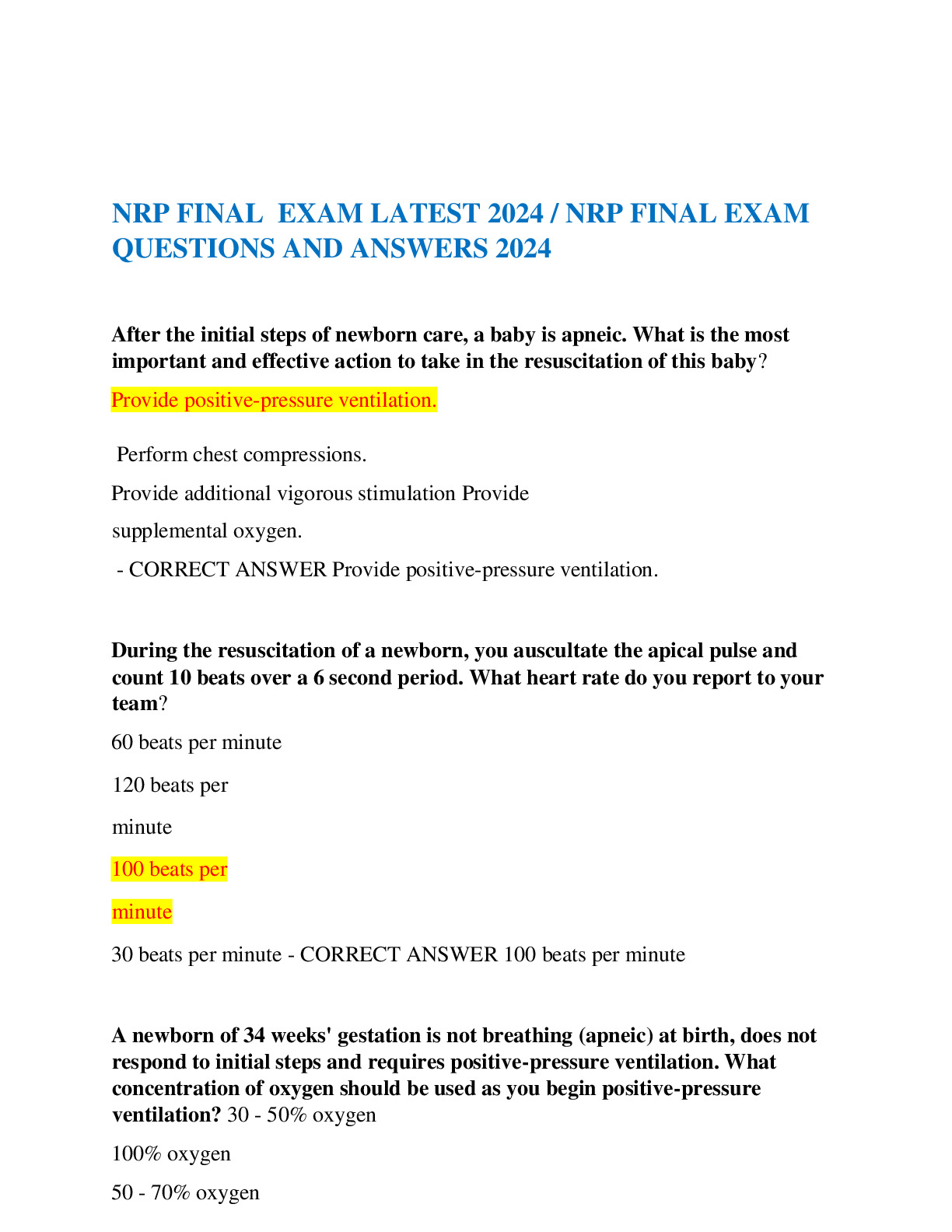 NRP FINAL EXAM LATEST 2022-2024 / NRP FINAL EXAM QUESTIONS AND ANSWERS ... NRP FINAL EXAM LATEST 2022-2024 / NRP FINAL EXAM QUESTIONS AND ANSWERS ...