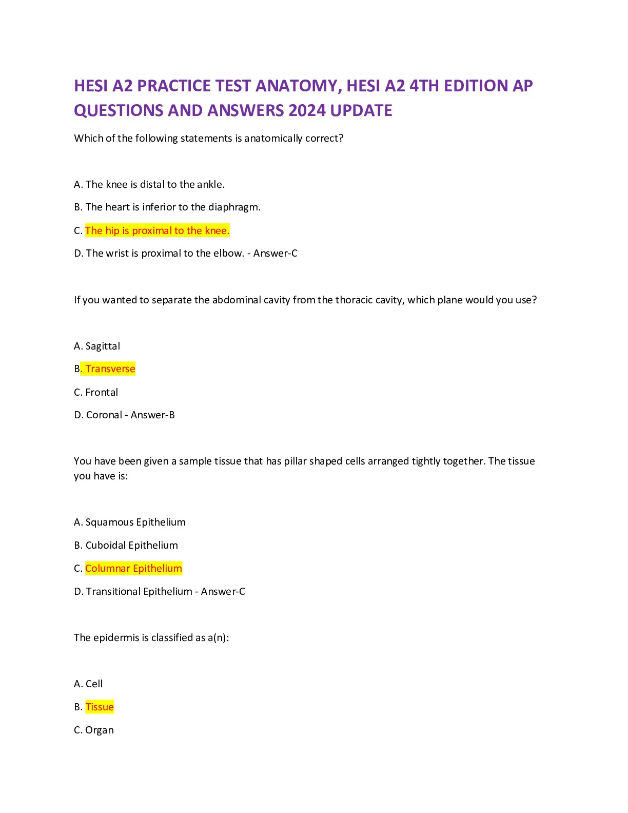 HESI A2 PRACTICE TEST ANATOMY, HESI A2 4TH EDITION AP QUESTIONS AND ...