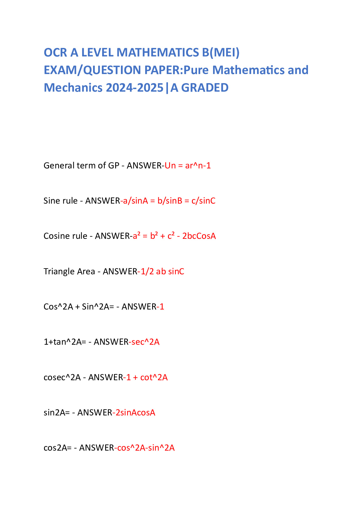OCR A LEVEL MATHEMATICS B(MEI) EXAM/QUESTION PAPER:Pure Mathematics and ...