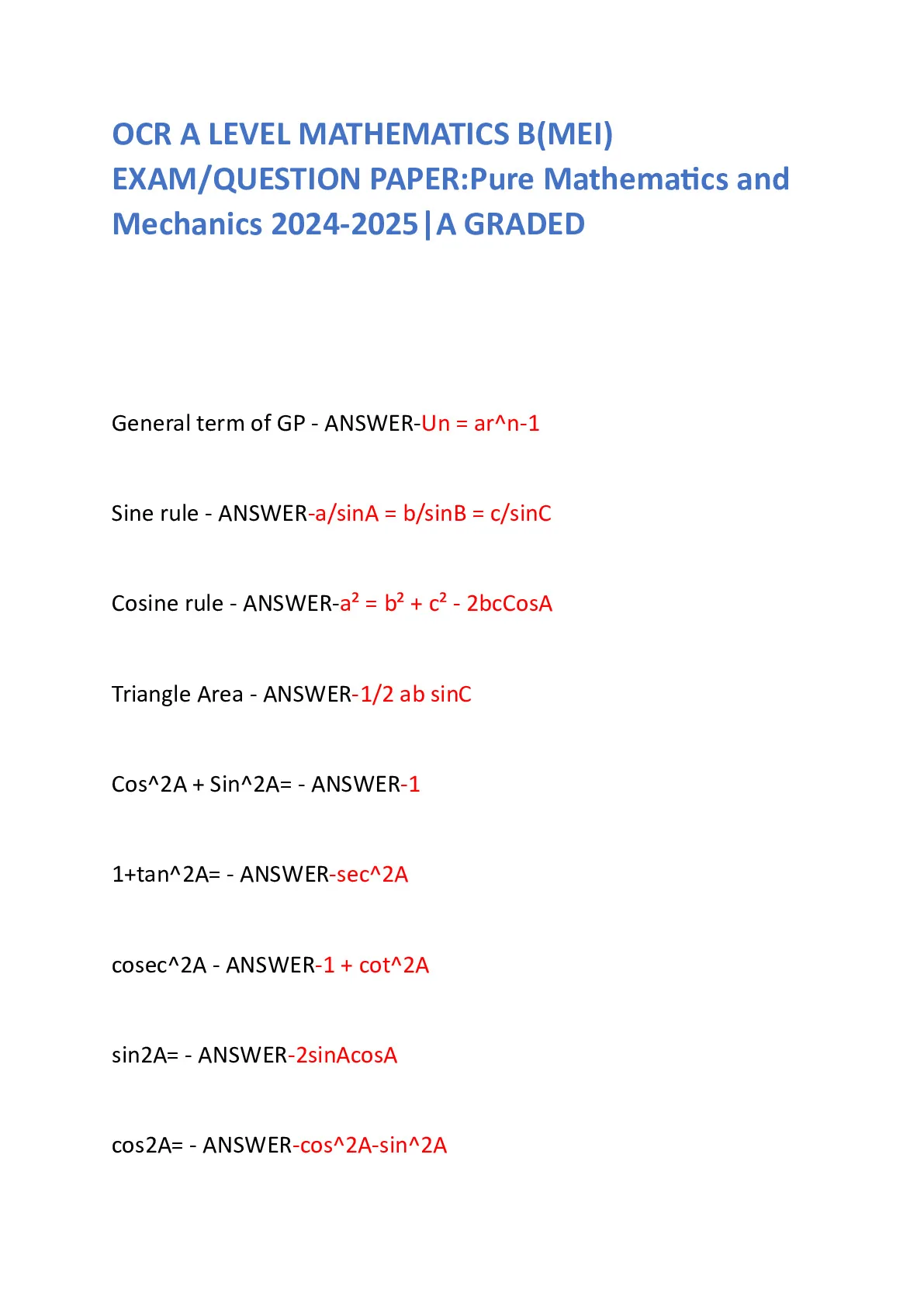 OCR A LEVEL MATHEMATICS B(MEI) EXAM/QUESTION PAPER:Pure Mathematics and ...