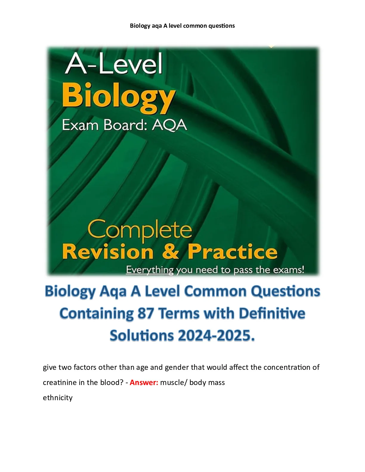 Biology Aqa A Level Common Questions Containing 87 Terms with ...
