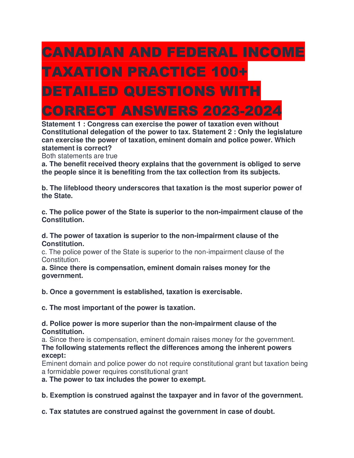 CANADIAN AND FEDERAL INCOME TAXATION PRACTICE 100 DETAILED QUESTIONS ...