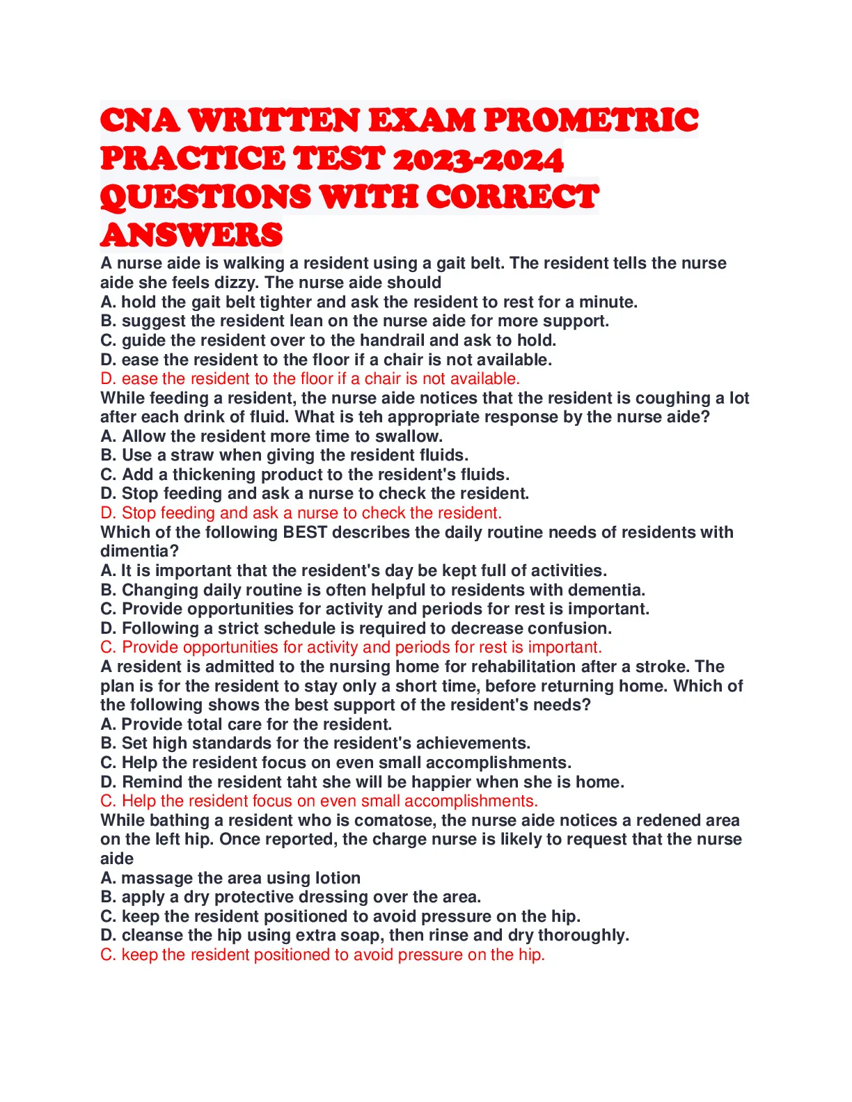 CNA PROMETRIC PRACTICE TEST WRITTEN EXAM 2023-2024 QUESTIONS WITH ...