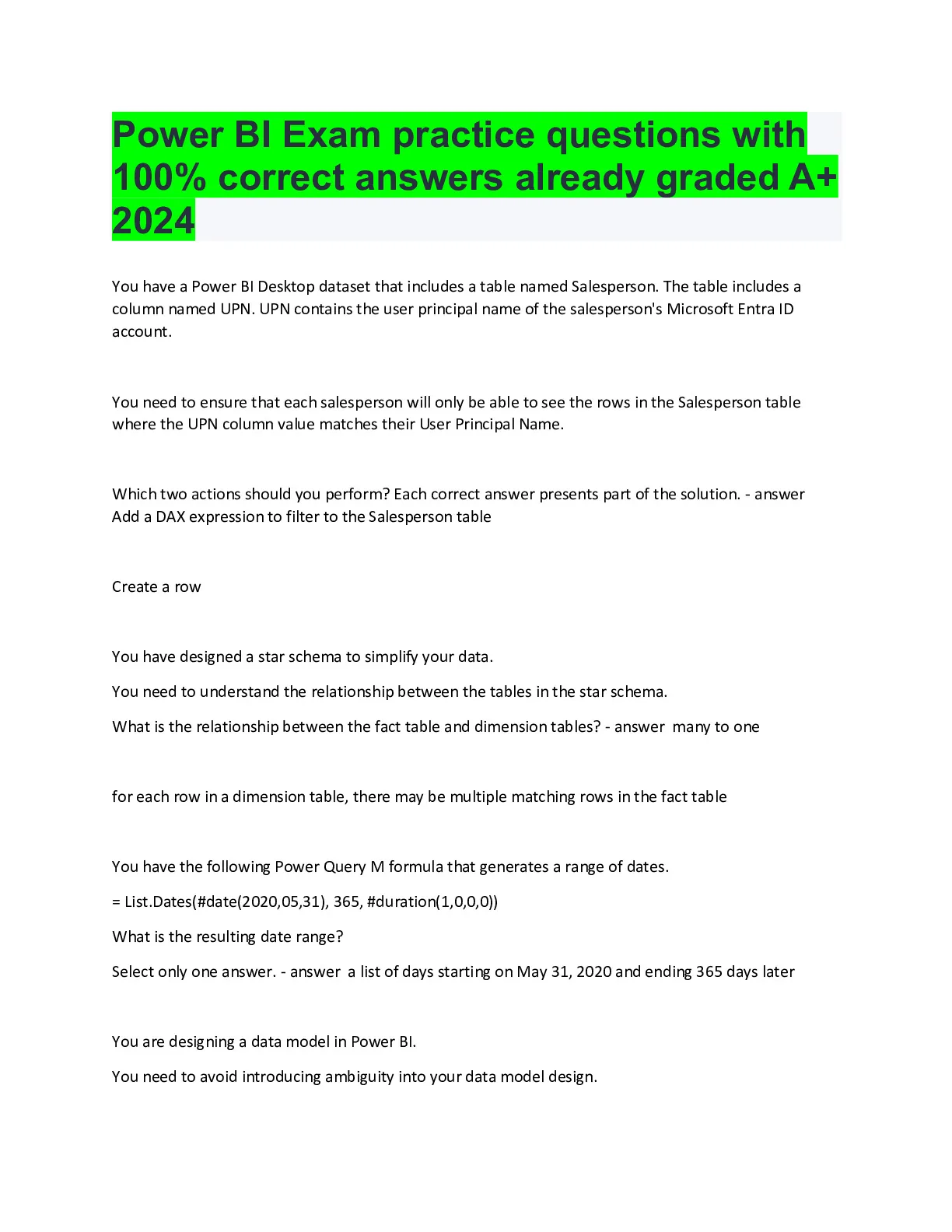 Power BI Exam practice questions with 100% correct answers already ...
