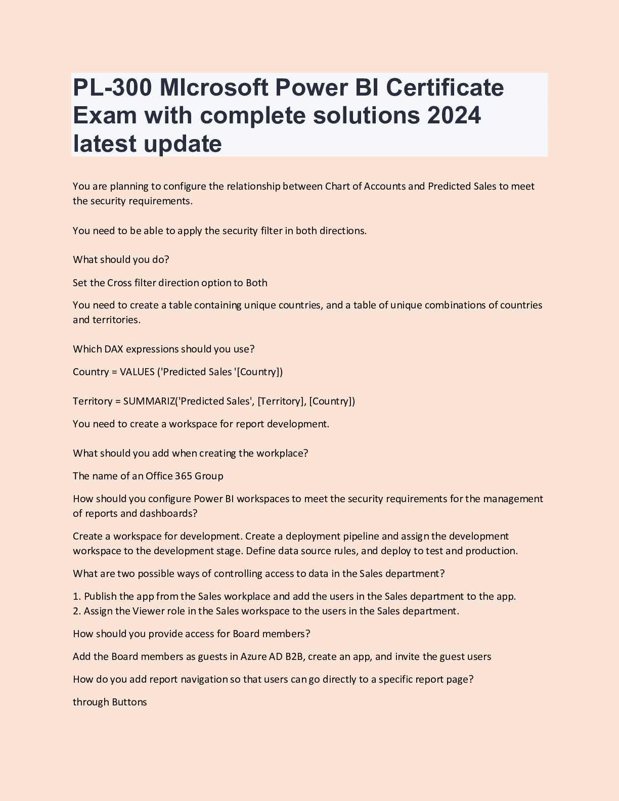 PL-300 MIcrosoft Power BI Certificate Exam with complete solutions 2024 ...