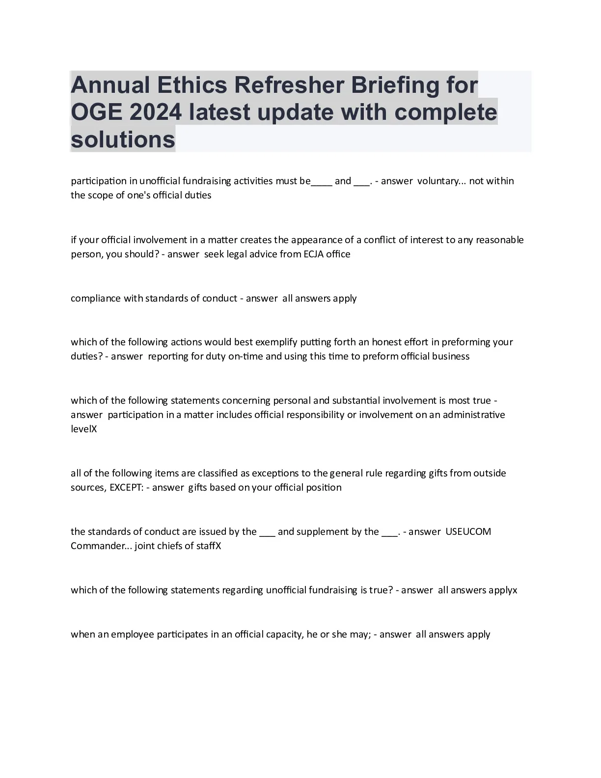 Annual Ethics Refresher Briefing for OGE 2024 latest update with ...