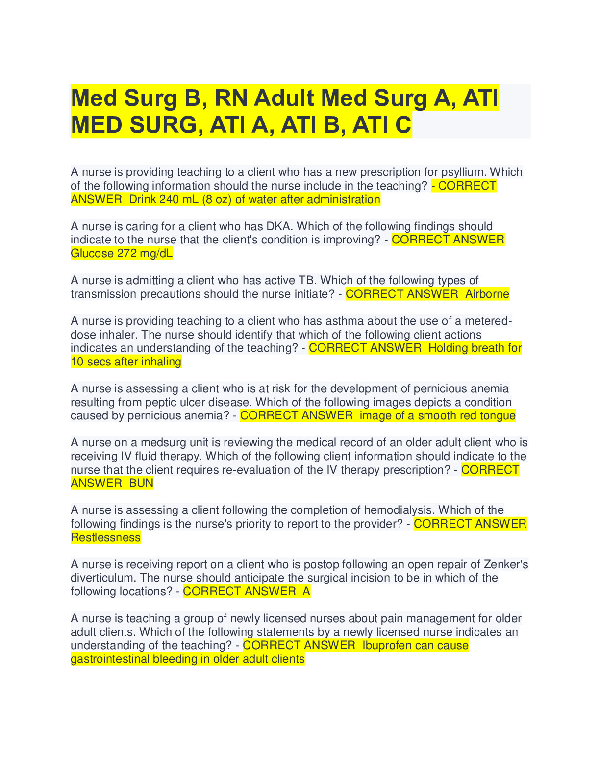 Med Surg B, RN Adult Med Surg A, ATI MED SURG, ATI A, ATI B, ATI C ...
