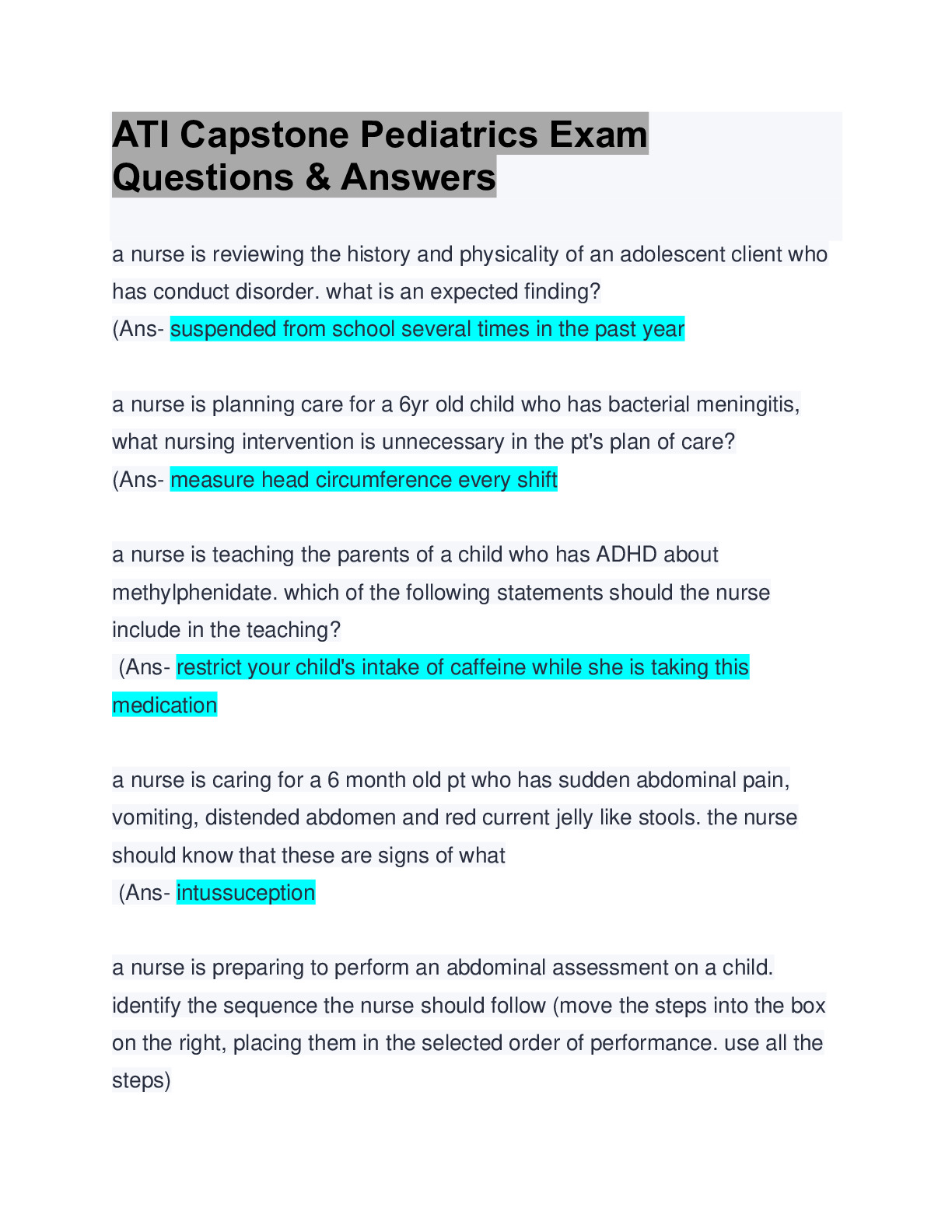 ATI Capstone Pediatrics Exam: 100% Verified Questions & Answers: Latest ...