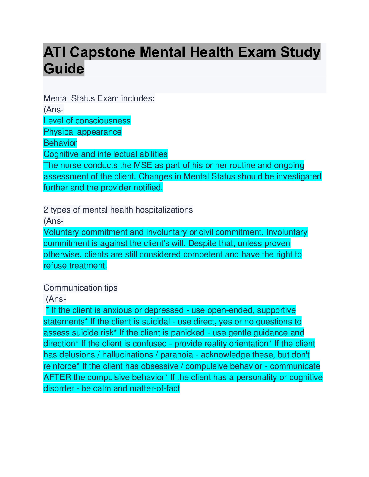 ATI Capstone Mental Health Exam Study Guide: Latest Updated A+ Score ...