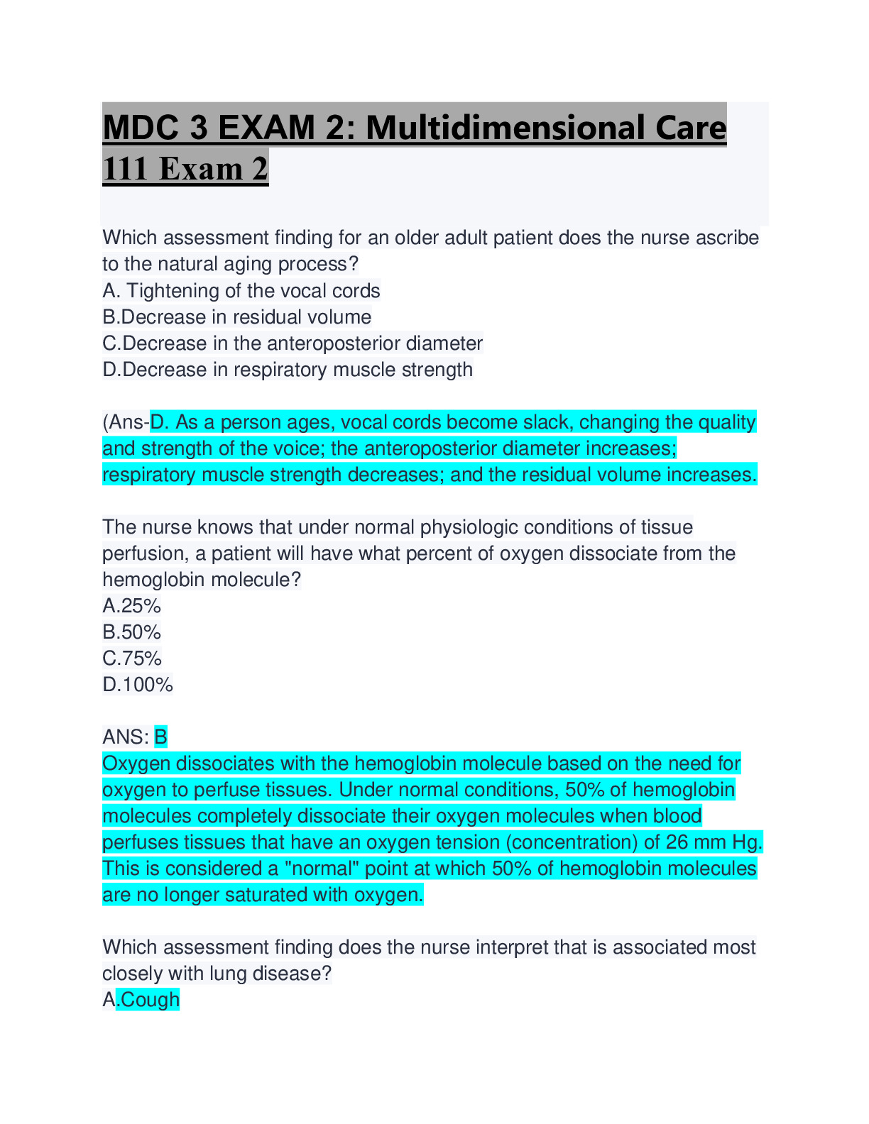 MDC 3 EXAM 2: Multidimensional Care 111 Exam 2: Questions & Answers ...