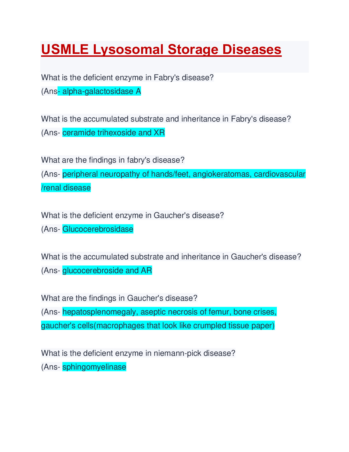 Solved ) USMLE Lysosomal Storage Diseases: Questions & Answers: Updated ...