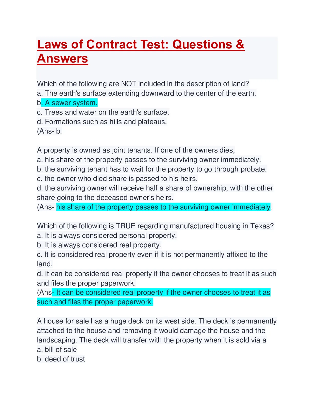Laws of Contract Test: Questions and Answers: Latest Updated ...