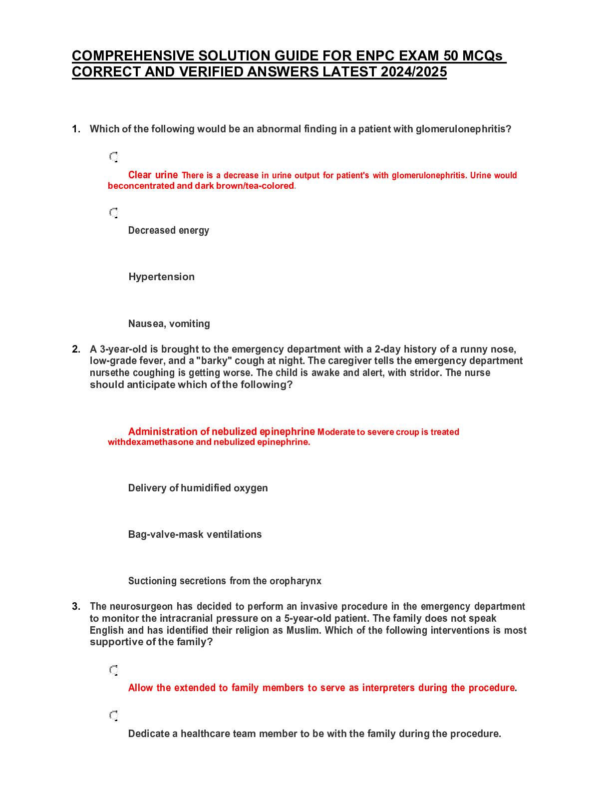 COMPREHENSIVE SOLUTION GUIDE FOR ENPC EXAM 50 MCQs CORRECT AND VERIFIED ...