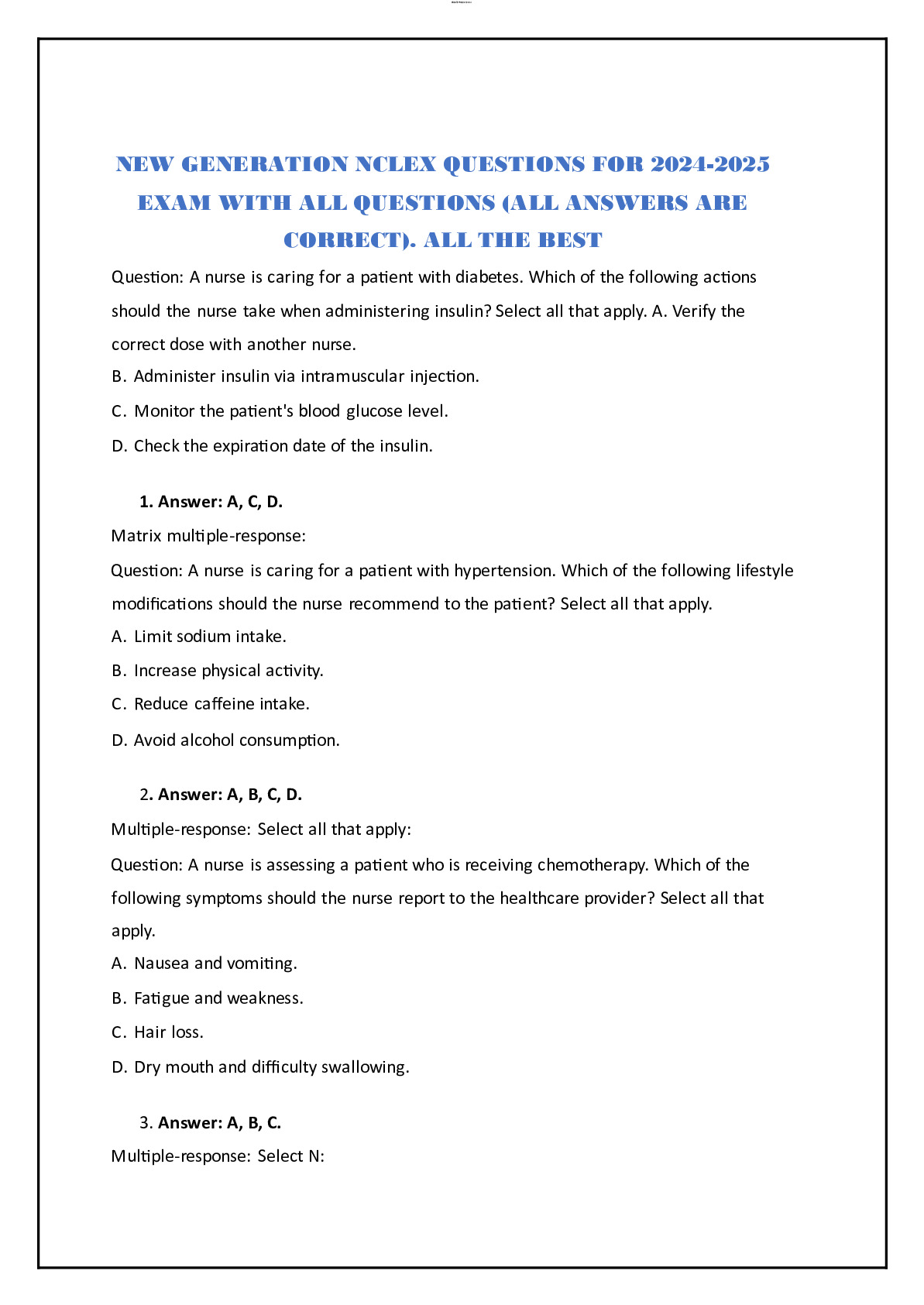 NEW GENERATION NCLEX QUESTIONS FOR 2024-2025 EXAM WITH ALL QUESTIONS (ALL ANSWERS ARE CORRECT ...