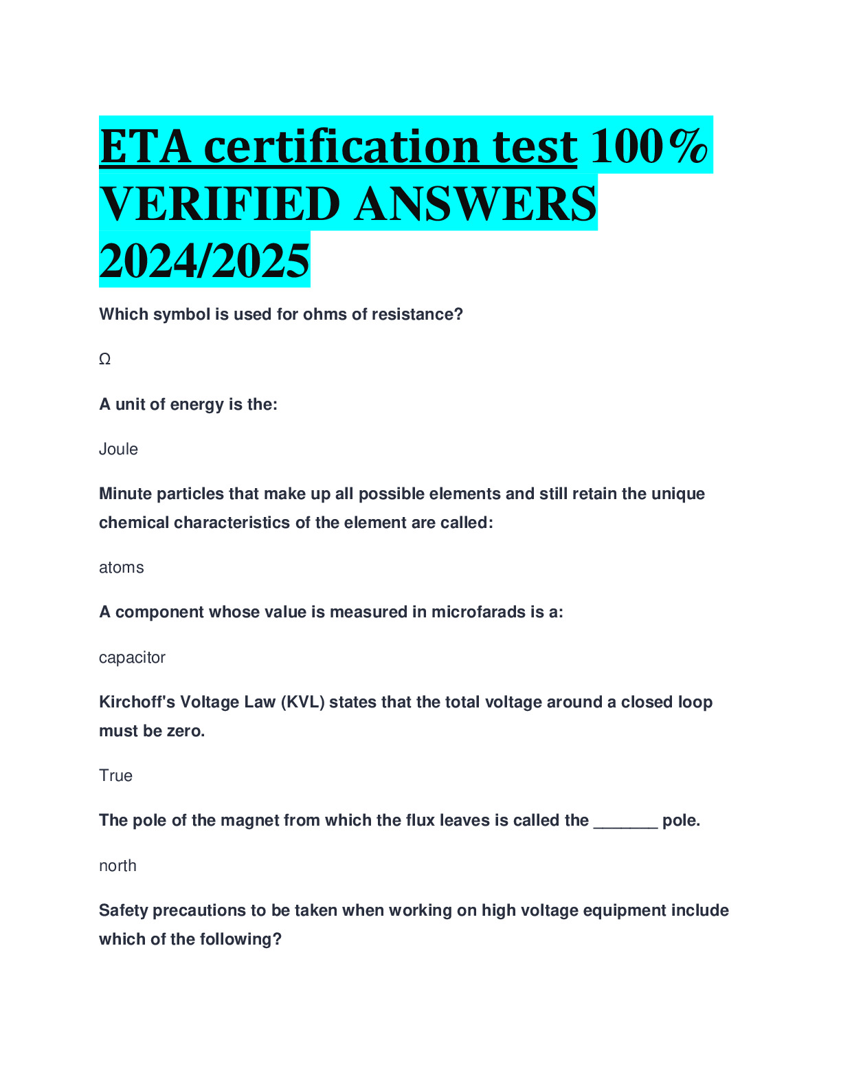 ETA certification test 100% VERIFIED ANSWERS 2024/2025 - DocMerit