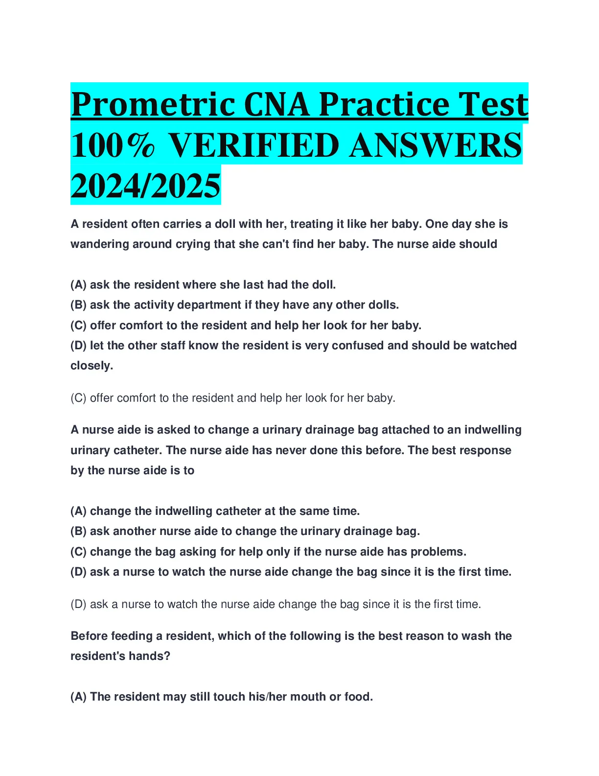 Prometric CNA Practice Test 100% VERIFIED ANSWERS 2024/2025 - DocMerit