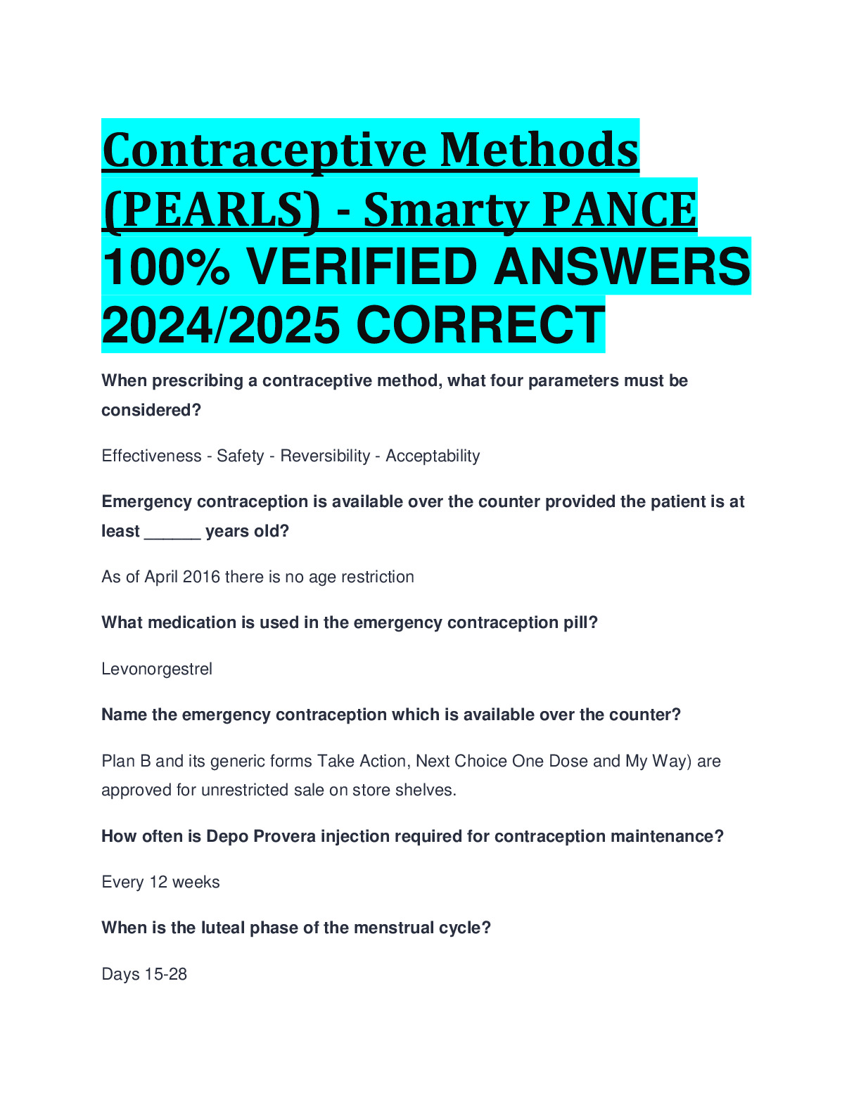 Contraceptive Methods (PEARLS) - Smarty PANCE 100% VERIFIED ANSWERS ...