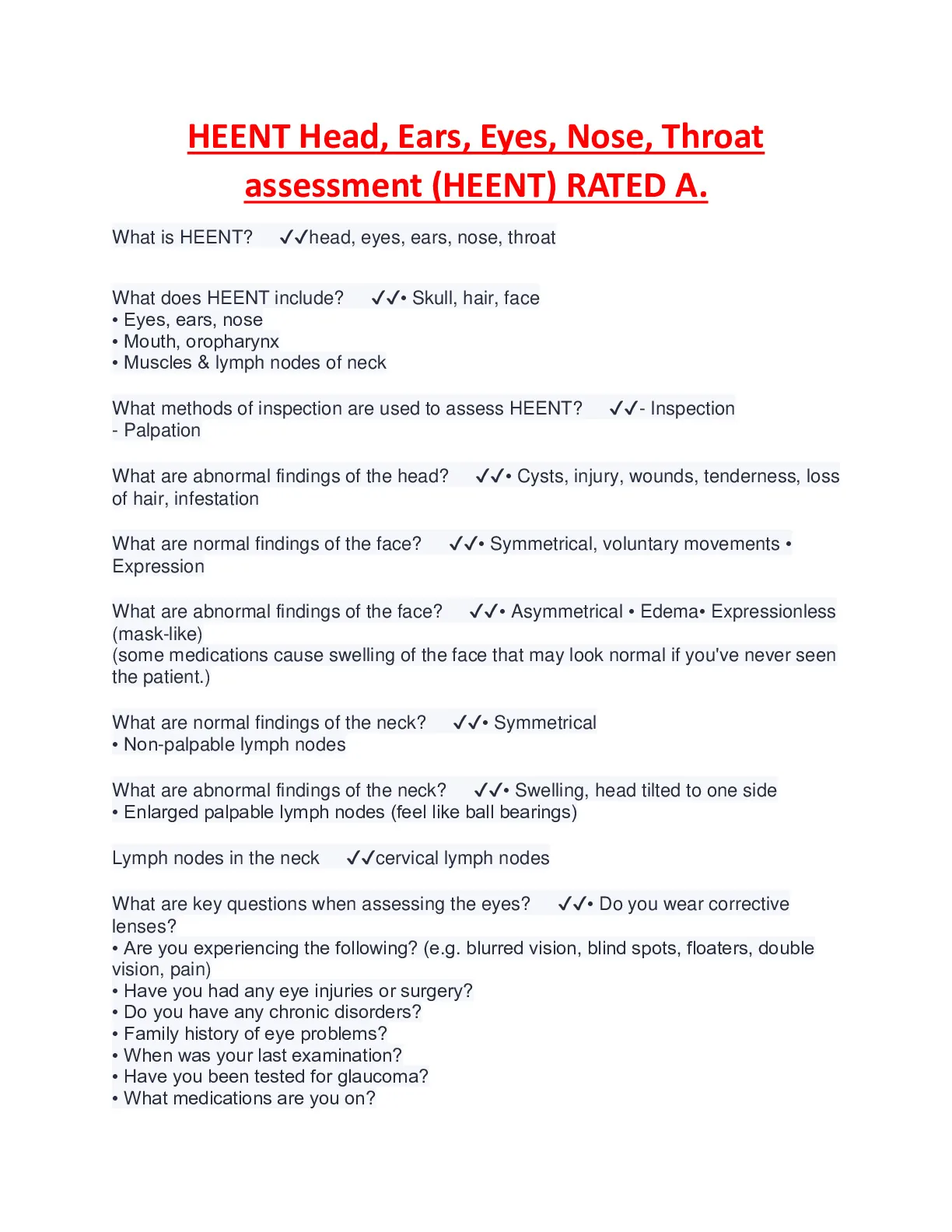 HEENT Head, Ears, Eyes, Nose, Throat assessment (HEENT) RATED A. - DocMerit