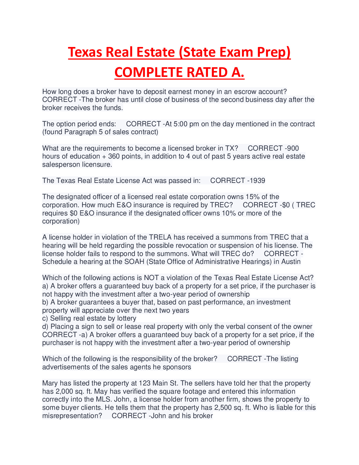 Texas Real Estate Exam 1 (Latest 2023 - 2024) New Full Exam Questions ...