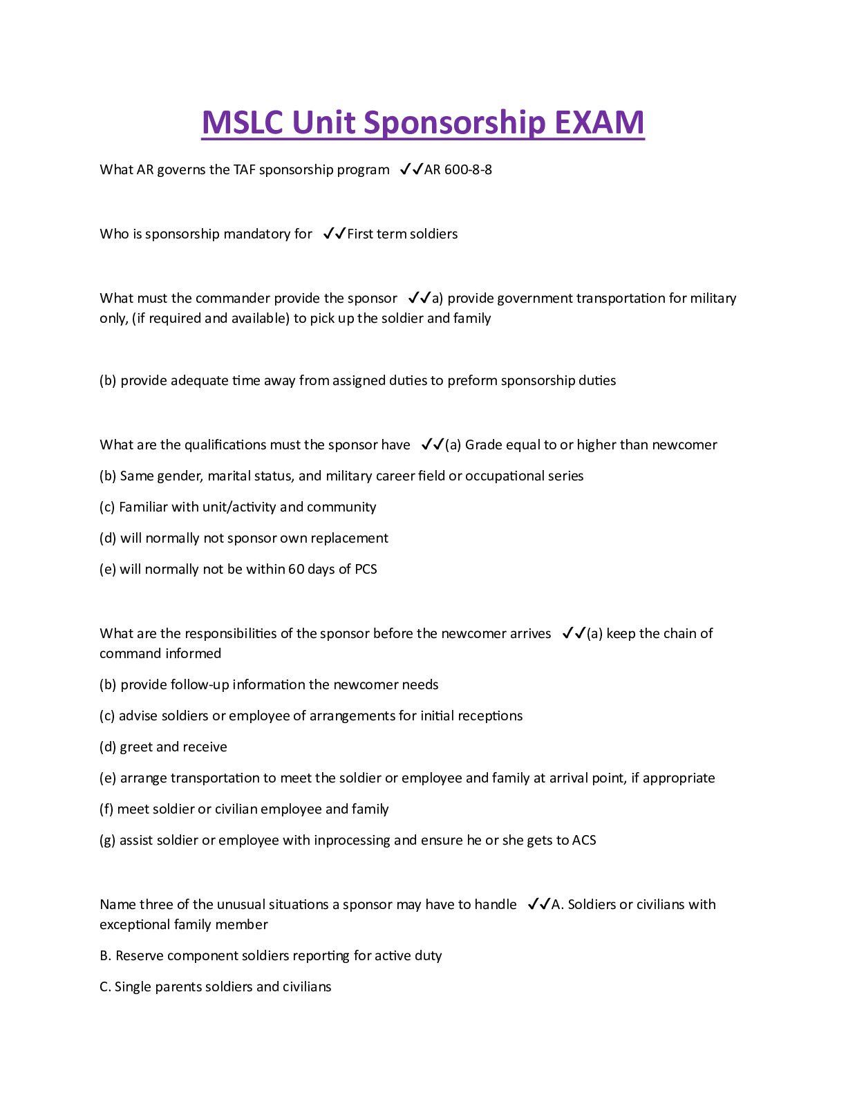 MSLC UNIT SPONSORSHIP EXAM (ACTUAL 2024-2025) WITH DETAILED ANSWERS ...