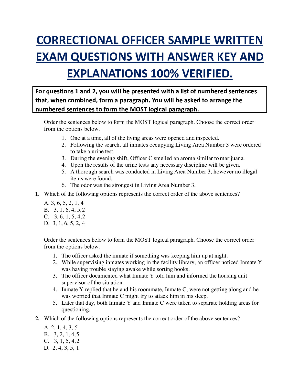 CORRECTIONAL OFFICER SAMPLE WRITTEN EXAM QUESTIONS WITH ANSWER KEY AND ...