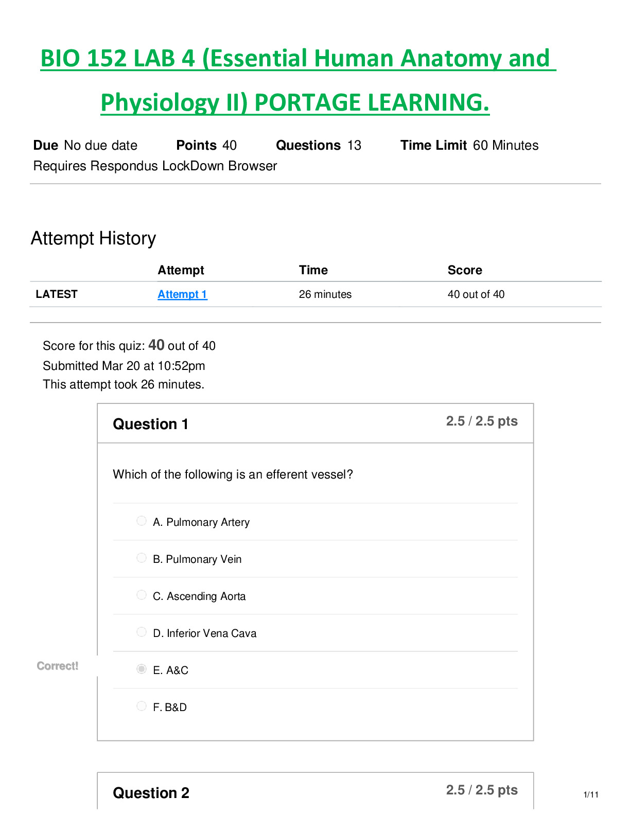 BIO 152 LAB (1-8) (ESSENTIAL HUMAN ANATOMY and PHYSIOLOGY II) PORTAGE ...
