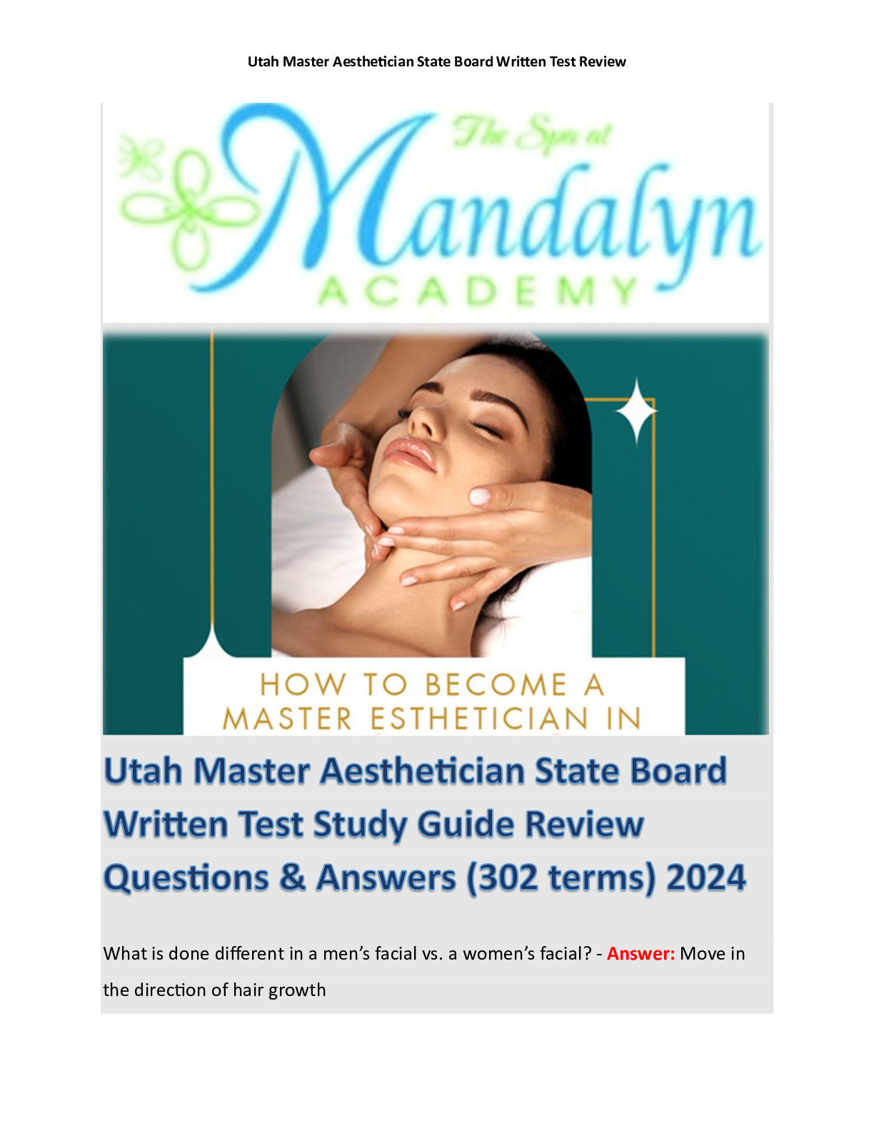 Utah Master Aesthetician State Board Written Test Review with Complete ...