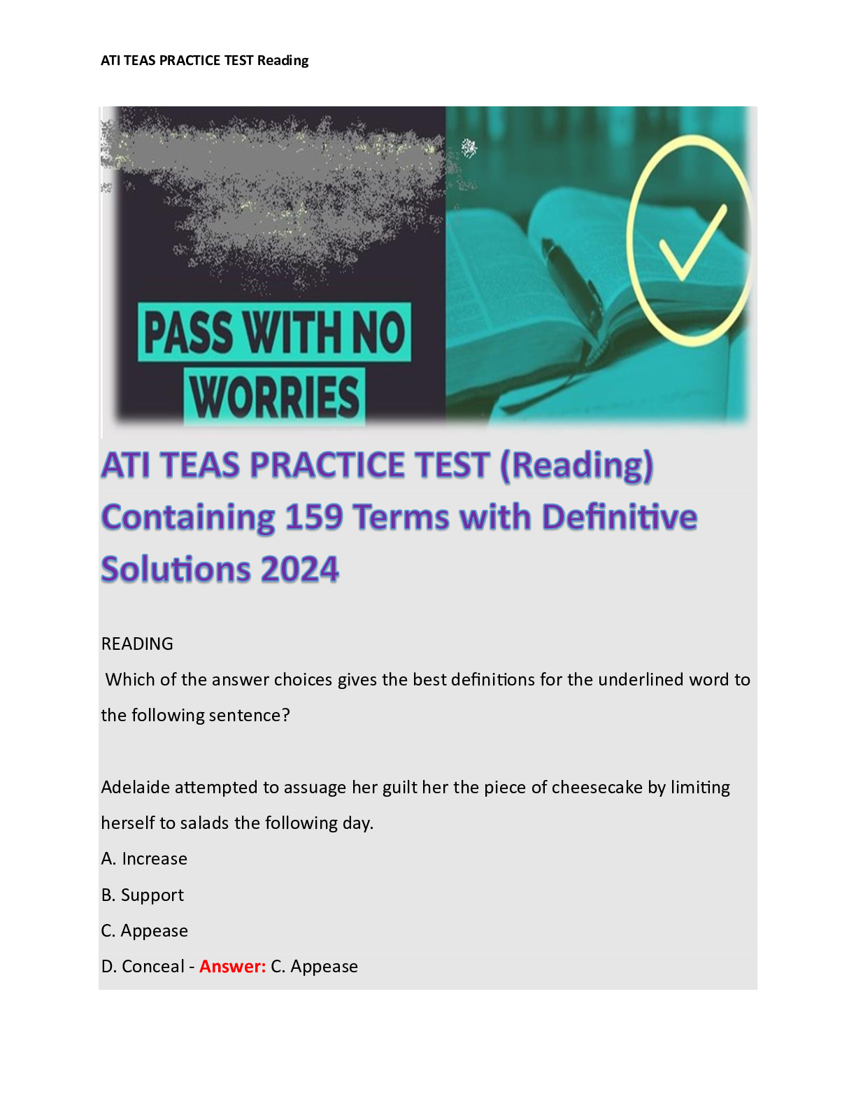 ATI TEAS PRACTICE TEST (Reading) Containing 159 Terms with Definitive ...