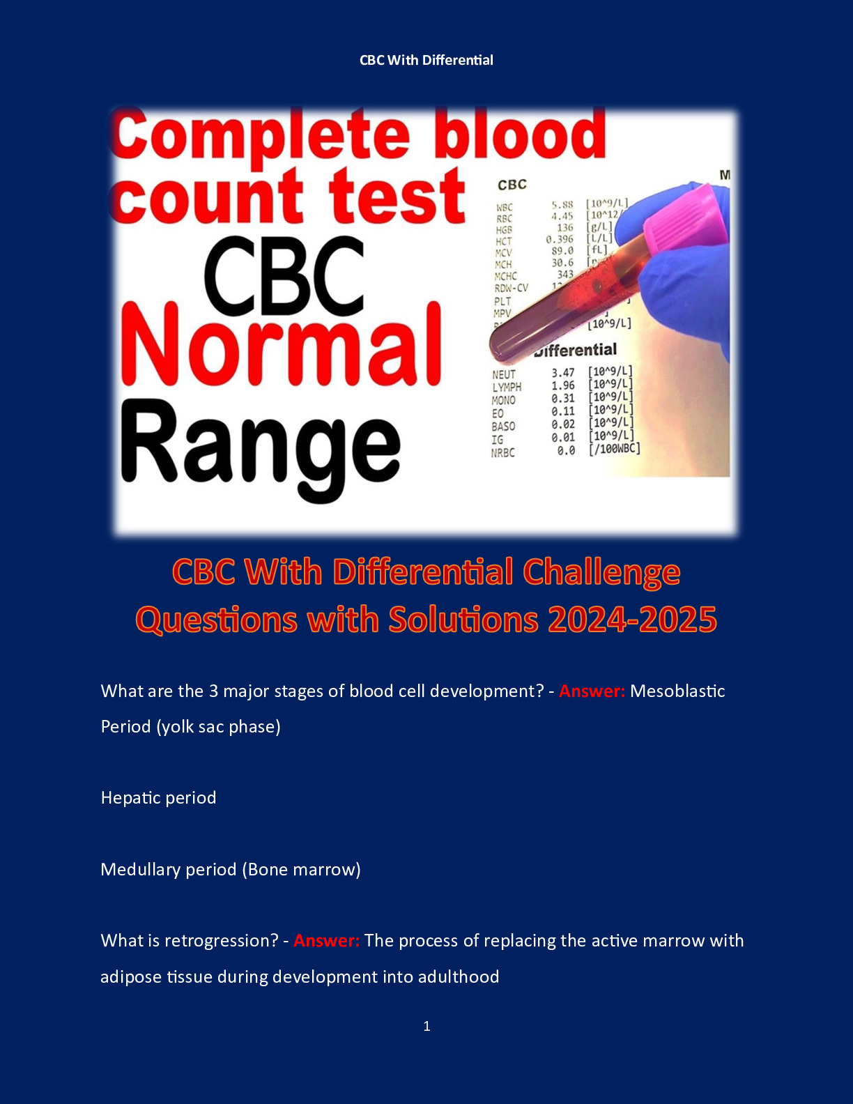 CBC With Differential Challenge Questions with Solutions 2024-2025 ...