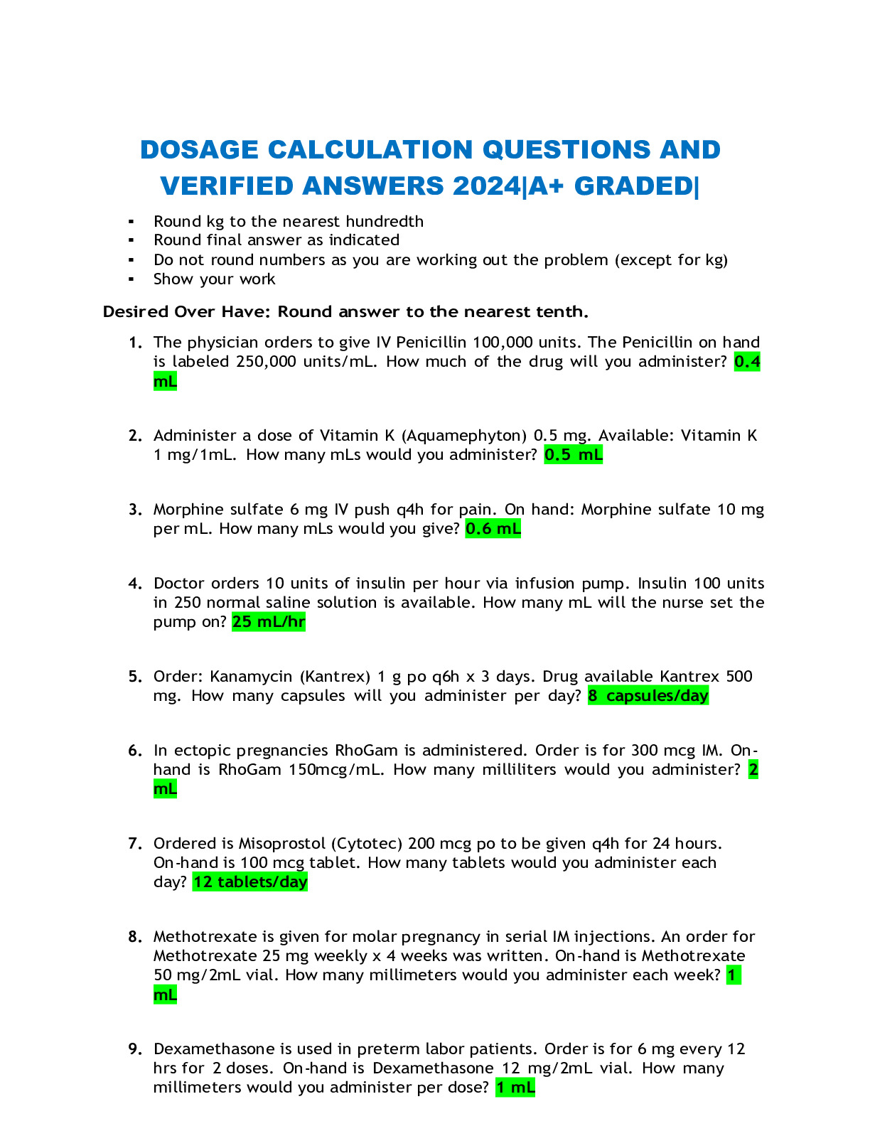 DOSAGE CALCULATION QUESTIONS AND VERIFIED ANSWERS 2024|A+ GRADED ...