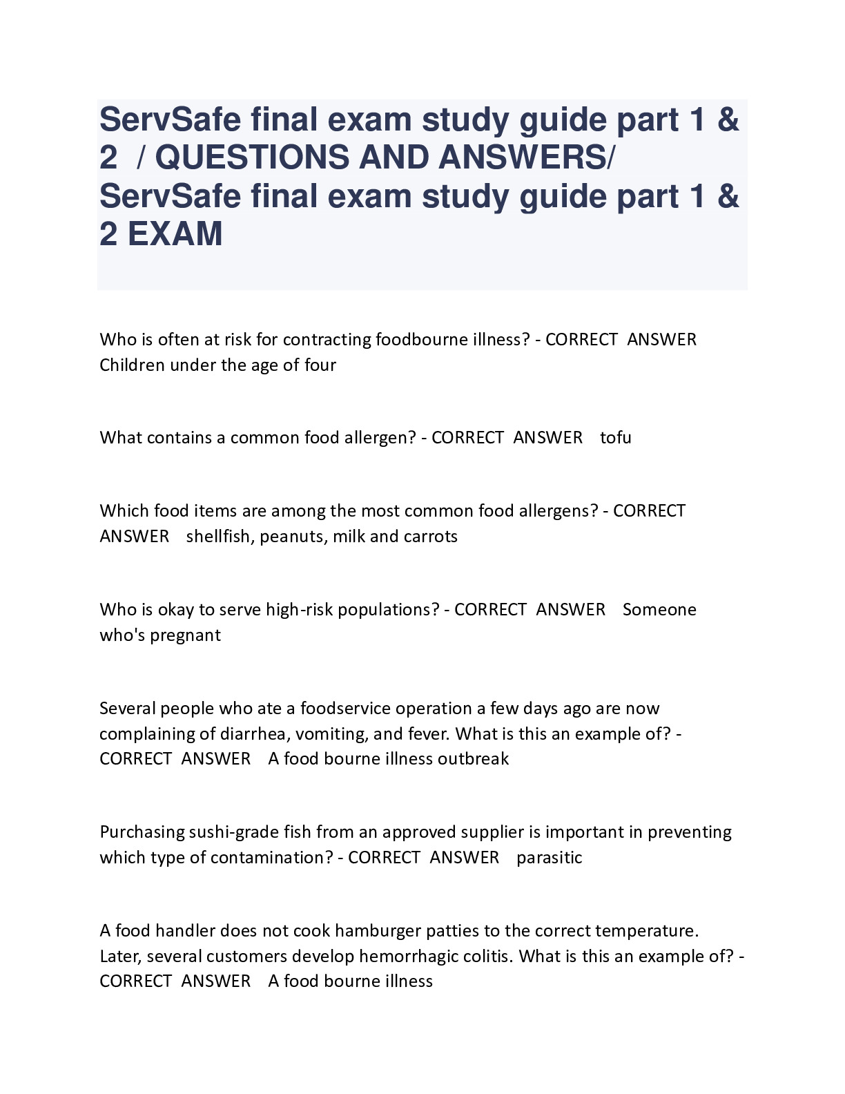 ServSafe final exam study guide part 1 & 2 / QUESTIONS AND ANSWERS/ ServSafe final exam study ...