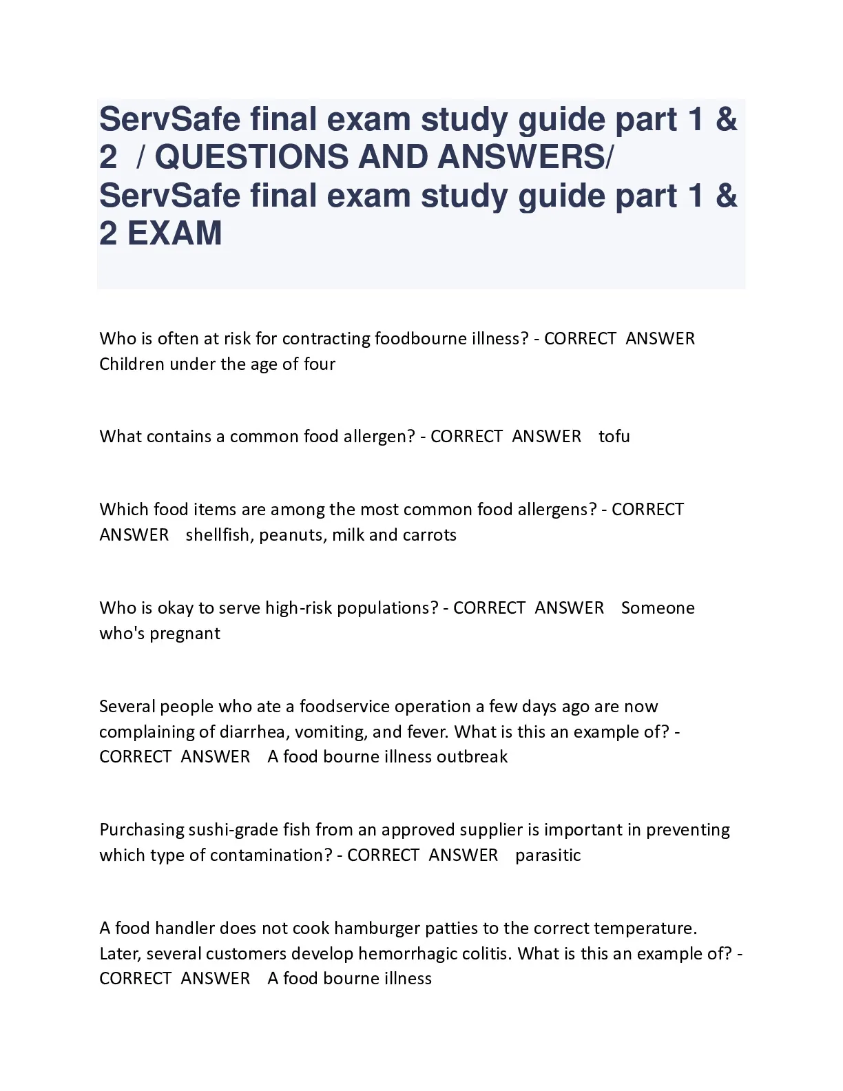 ServSafe final exam study guide part 1 and 2 / QUESTIONS AND ANSWERS ...
