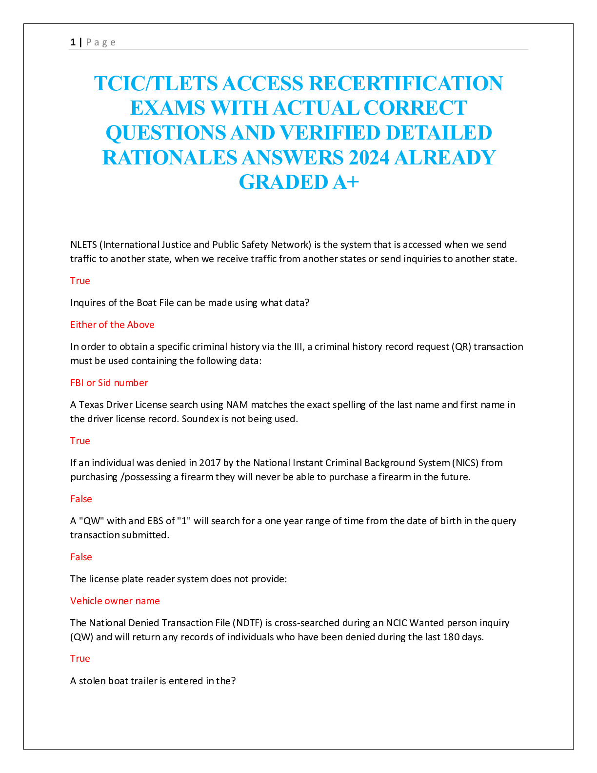 TCIC/Tlets Questions and Answers (Verified Answers) - DocMerit